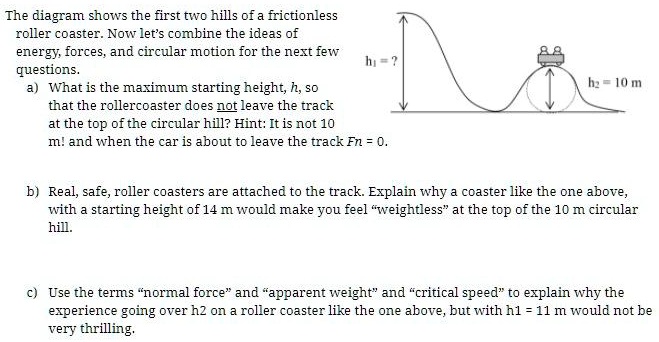 SOLVED: The diagram shows the first two hills of a frictionless roller ...