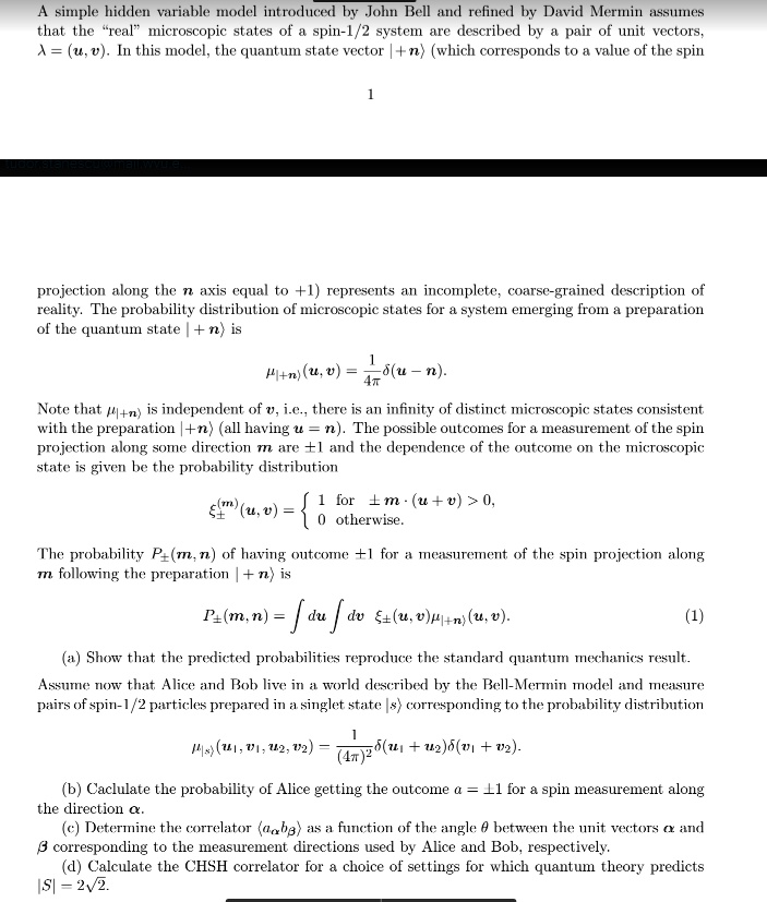 SOLVED: A simple hidden variable model introduced by John Bell and ...
