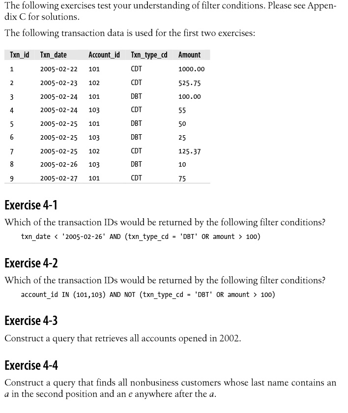 texts sql learning chapter 4 filtering exercise the following exercises ...