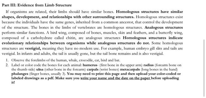 SOLVED: Part III:Evidence from Limb Structure If organisms are related ...