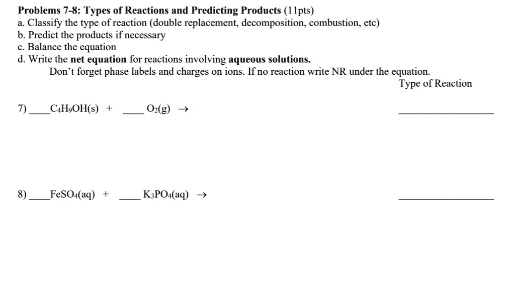 problems 7 8 types of reactions and predicting products 1pts classify ...