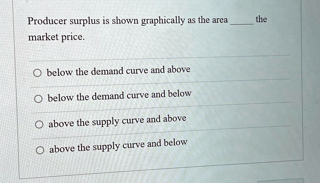 SOLVED: Producer surplus is shown graphically as the area the market ...