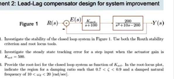 SOLVED: Lead-Lag compensator design for system improvement Es R(s) = Kact s + 100 Figure 1 200 Y ...