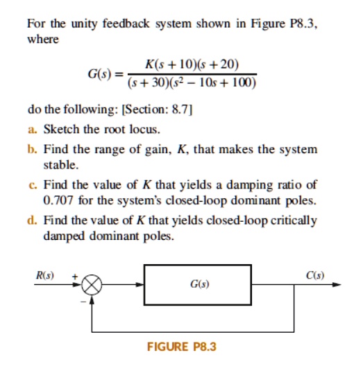 SOLVED: For the unity feedback system shown in Figure P8.3, where K(s + 10)(s + 20) G(s) = s ...