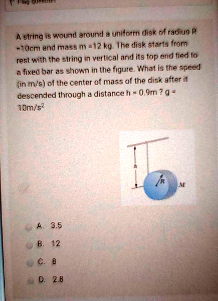 SOLVED: String is wound around a uniform disk of radius R = 10 cm and mass m = 12 kg. The disk ...