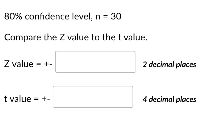 SOLVED: 80% confidence level, n = 30 Compare the Z value to the t value ...