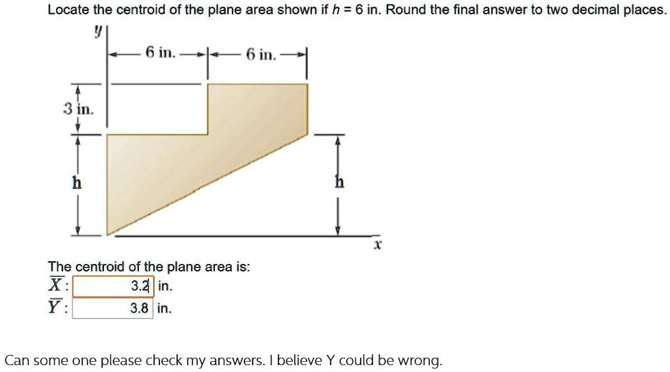 Locate the centroid of the plane area shown if h = 6 in....