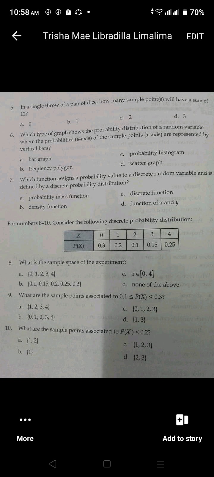 SOLVED: * Trisha Mae Libradilla Limalima EDIT 5. In a single throw of a ...