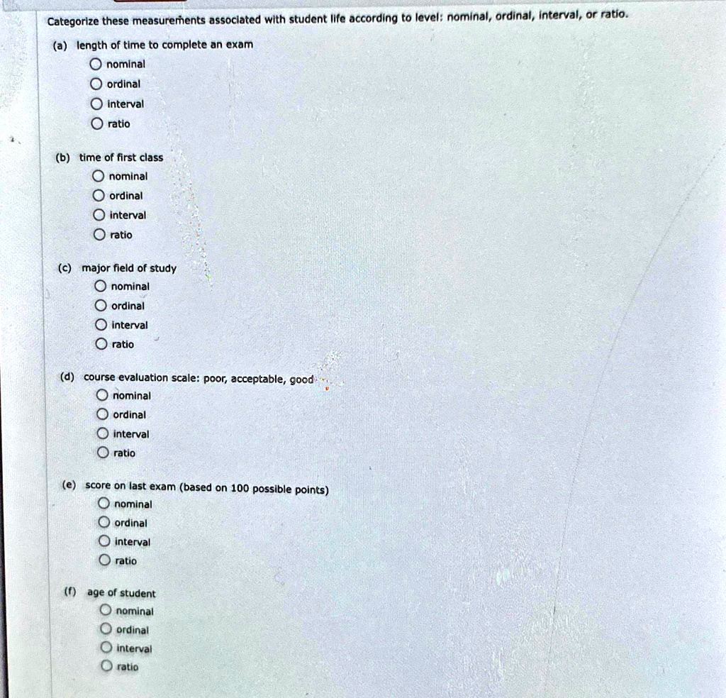 SOLVED: Categorize these measurements associated with student life ...