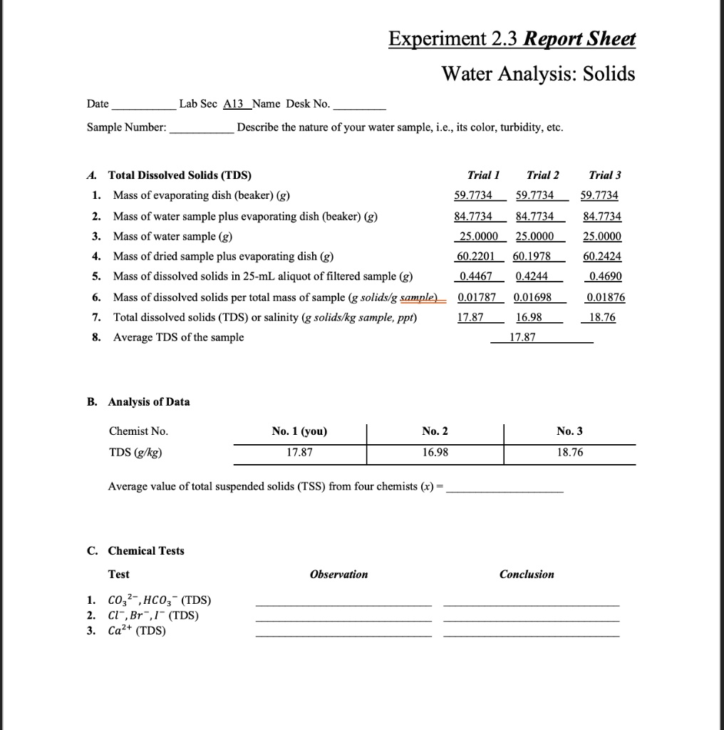 experiment 2 3 report sheet water analysis solids date lab sec al3 name ...
