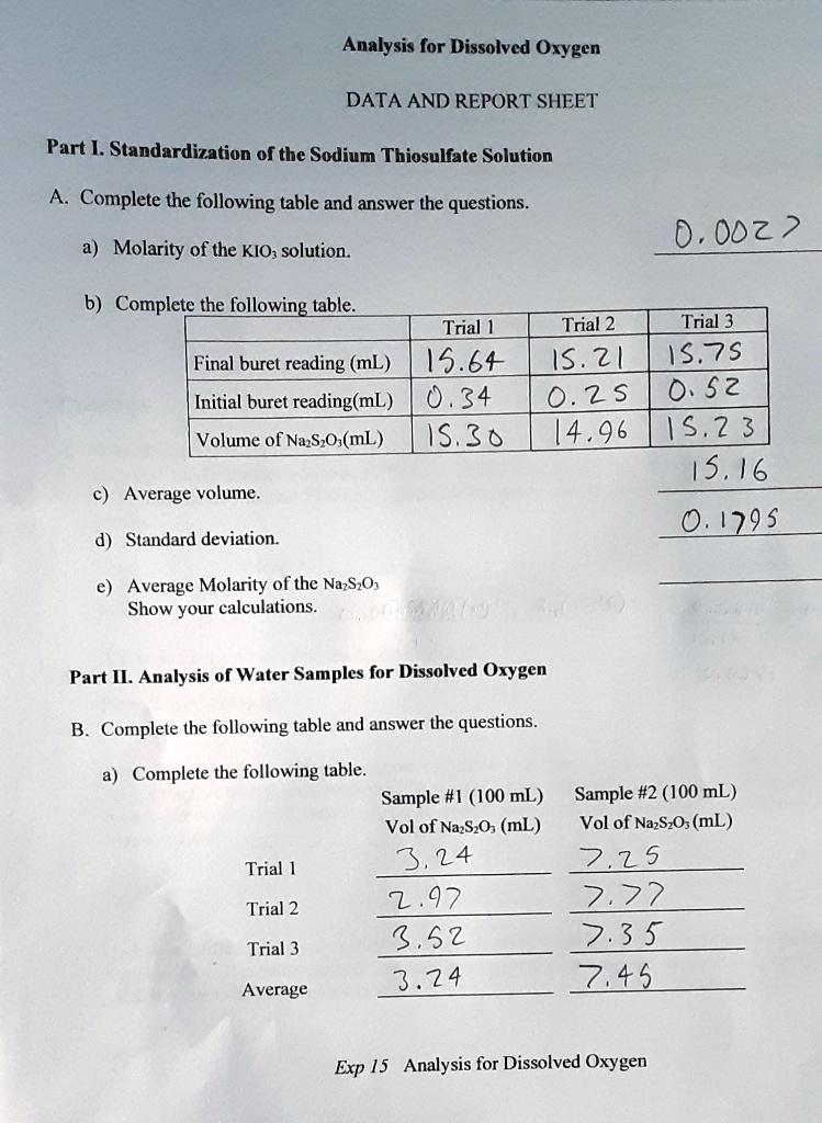 SOLVED: Analysis for Dissolved Oxygen DATA AND REPORT SHEET Part H ...