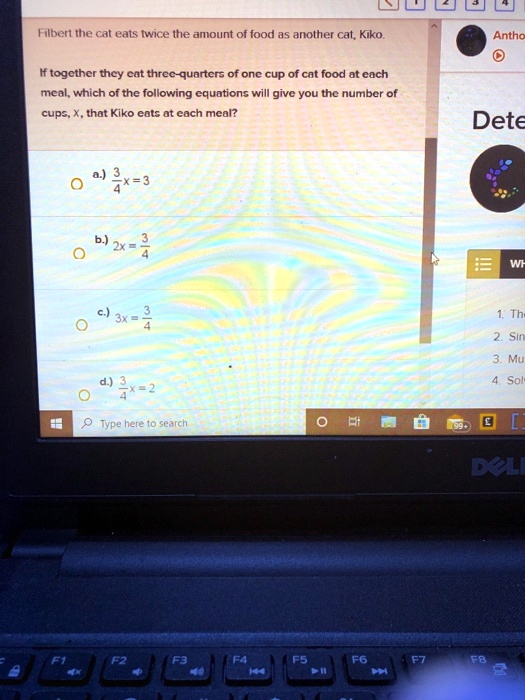 SOLVED: Filbert the cat eats twice the amount of food as another cat ...