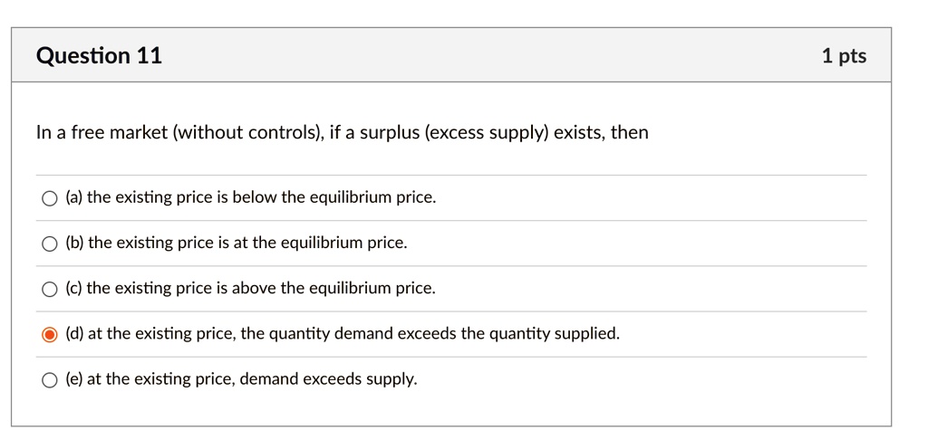 SOLVED: In a free market (without controls), if a surplus (excess supply) exists, then (a) the ...