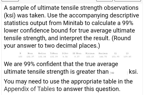 a sample of ultimate tensile strength observations ksi was taken use ...