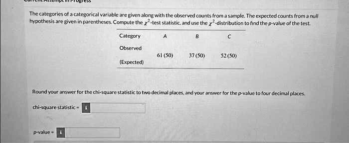 SOLVED: The categories of a categorical variable are given along with the observed counts from a ...
