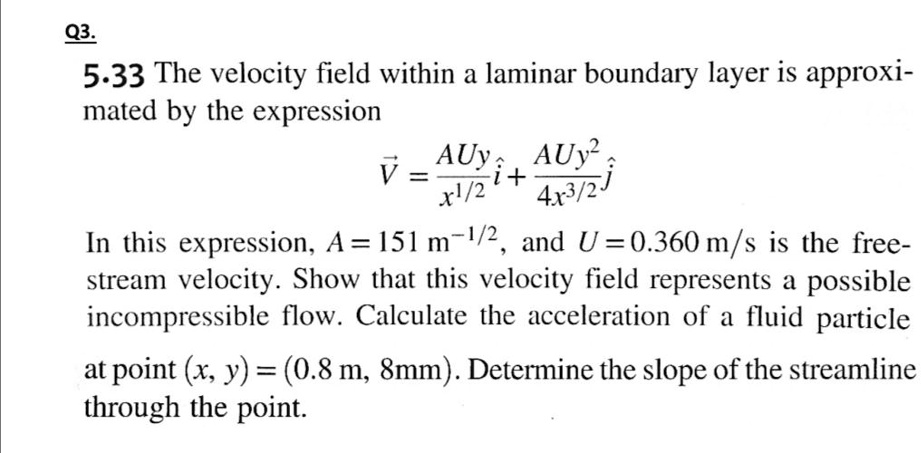 Q3. 5.33 The velocity field within a laminar boundary layer is approximated by the expression ...