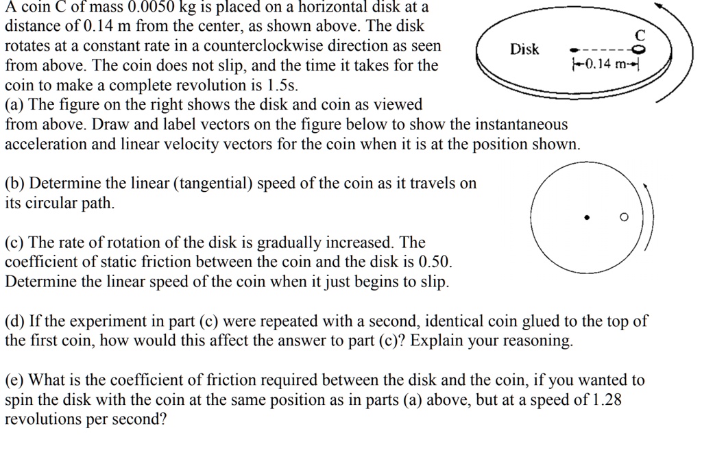 [GET ANSWER] a coin c of mass 00050 kg is placed on a horizontal disk at a distance of 014 m ...