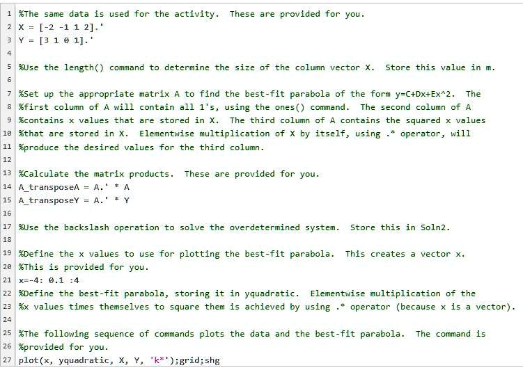 The same data is used for the activity. These are provided for you. X=[-2, -1, 1, 2]. Y=[3, 1, 0 ...