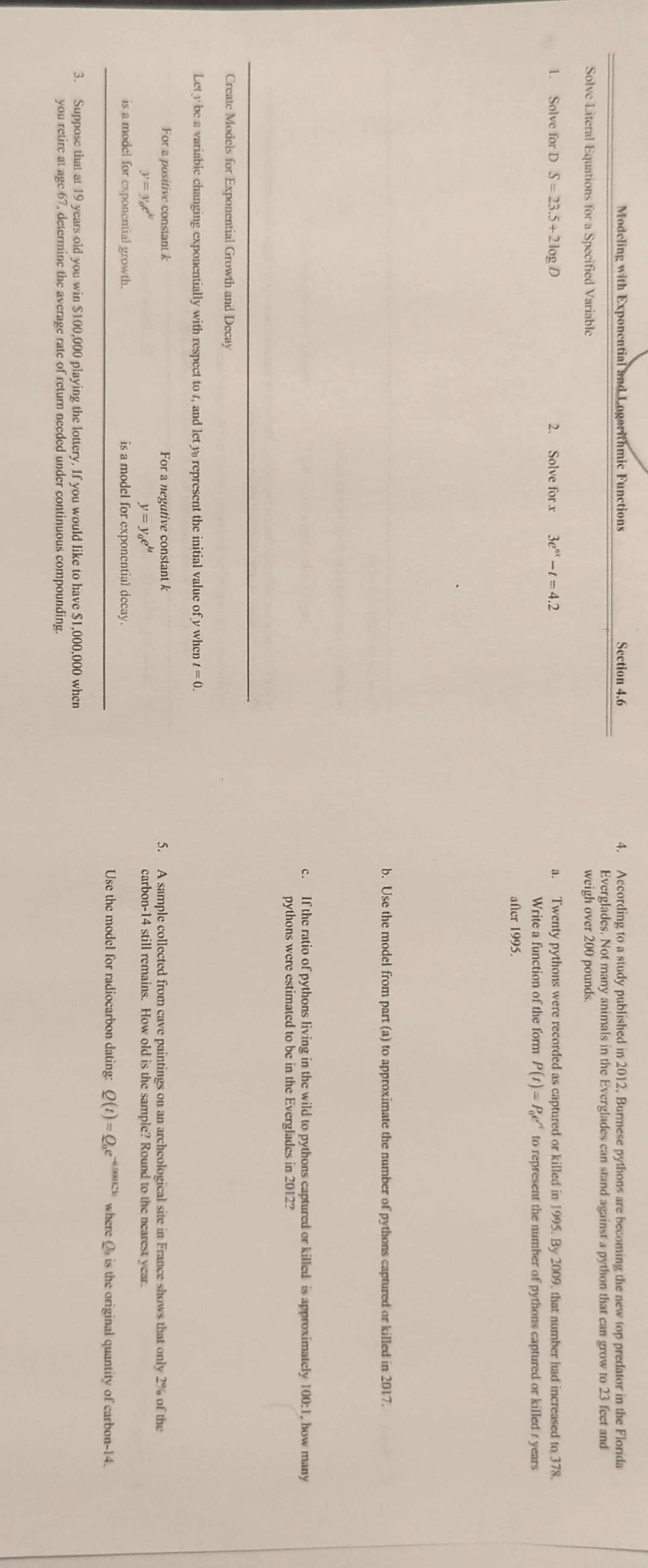 SOLVED: Modeling with Exponential and Logorithmic Functions Section 4.6 ...