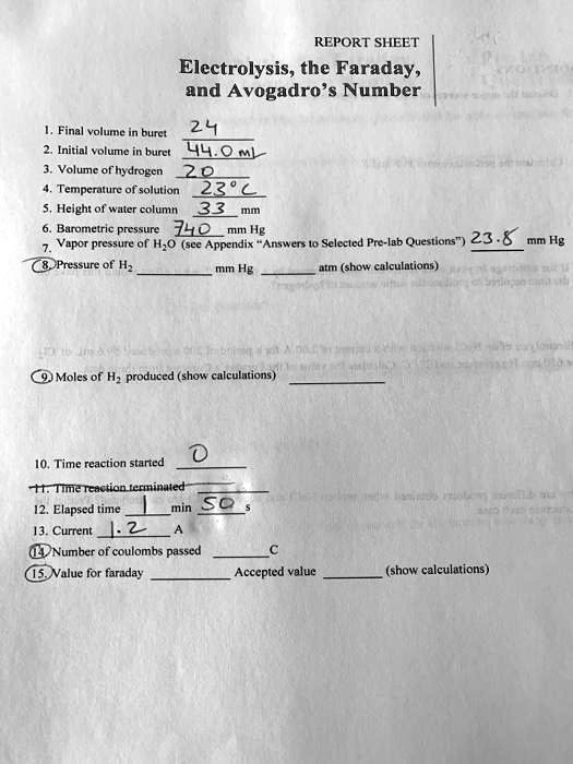 SOLVED: REPORT SHEET Electrolysis, the Faraday, and Avogadro'Number Final volumie ounci 24 ...