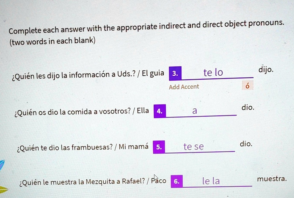 SOLVED: 'double pronouns Complete each answer with the appropriate ...