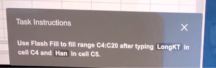 Task Instructions X Use Flash Fill to fill range C4:C20 after typing LongKT in cell C4 and Han ...