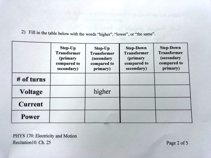 2) Fill in the table below with the words "higher", "lower", or "the ...
