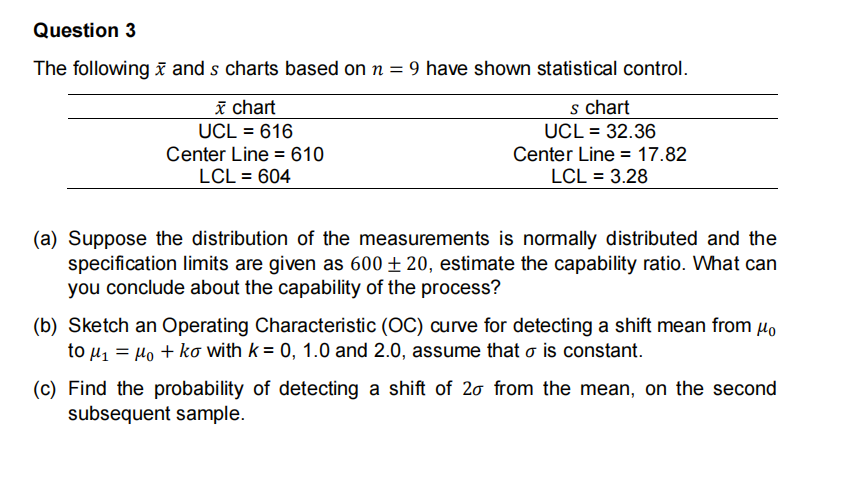SOLVED: Question 3 The following x̅ and s charts based on n=9 have shown statistical control. x̅ ...