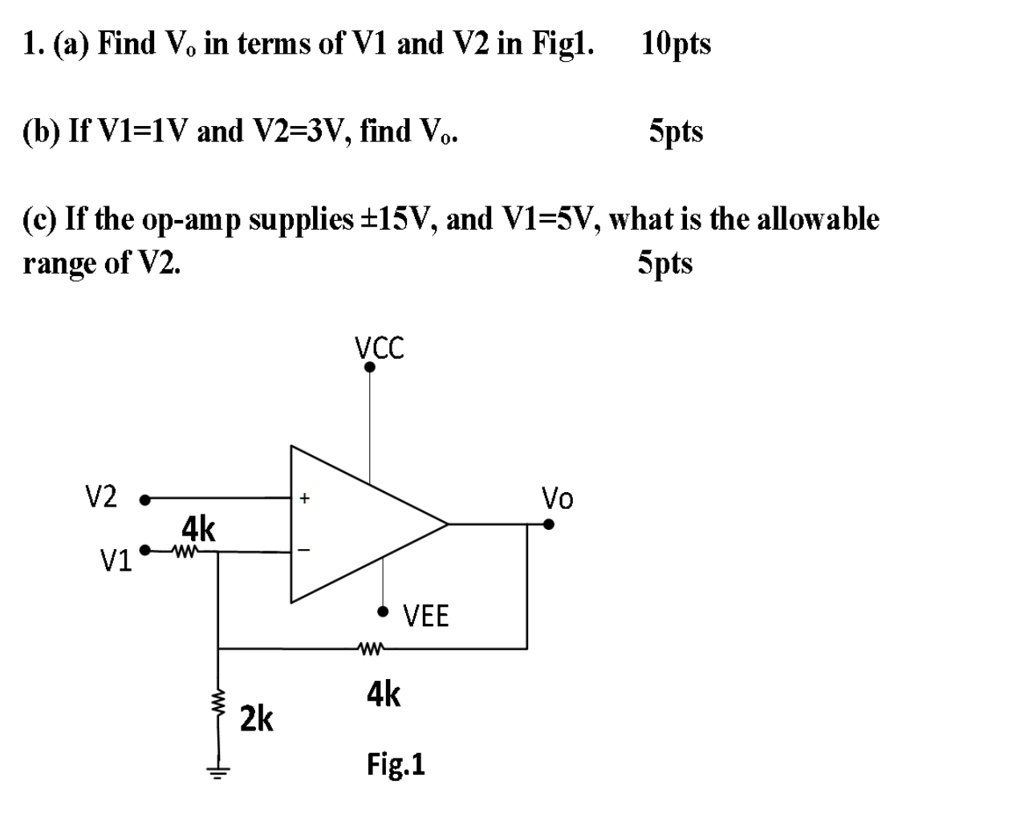 SOLVED: (a) Find V in terms of V1 and V2 in Fig. 1. 10 pts (b) If V1 = 1V and V2 = 3V, find Vo ...