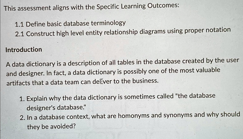 SOLVED: This assessment aligns with the Specific Learning Outcomes: 1.1 ...