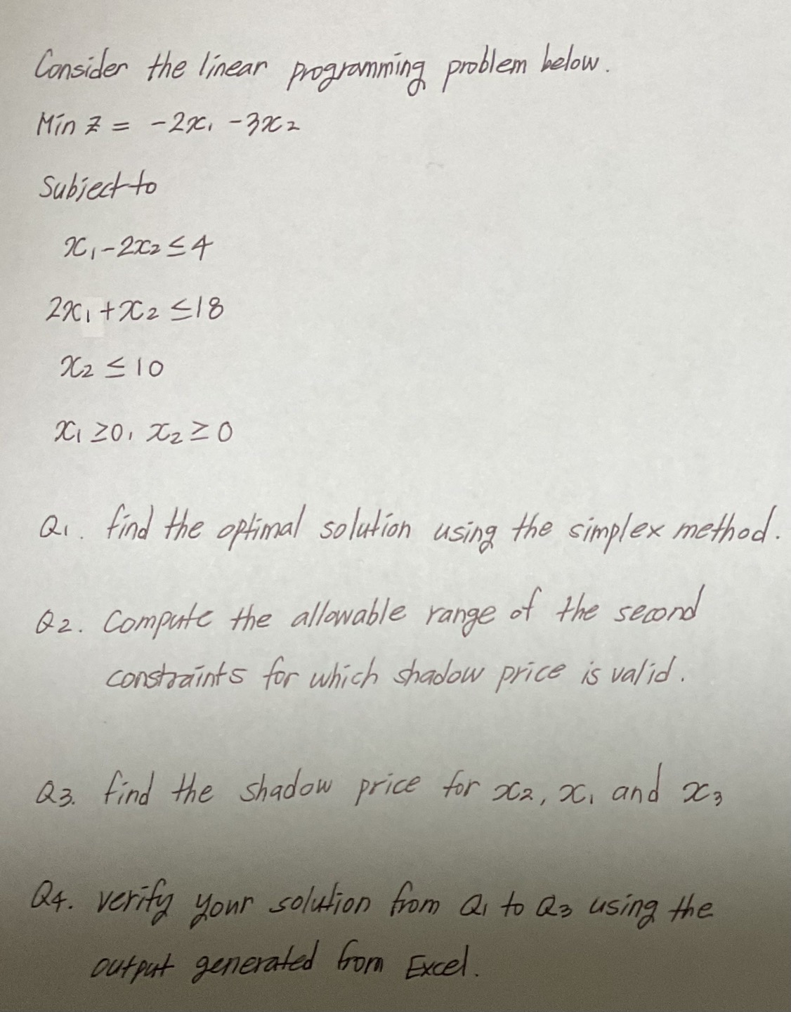 SOLVED: Consider the linear progromming problem below. Min z=-2 x1-3 x2 subiect to x1-2 x2≤ 4 2 ...