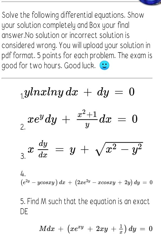 SOLVED: Solve the following differential equations Show your solution ...