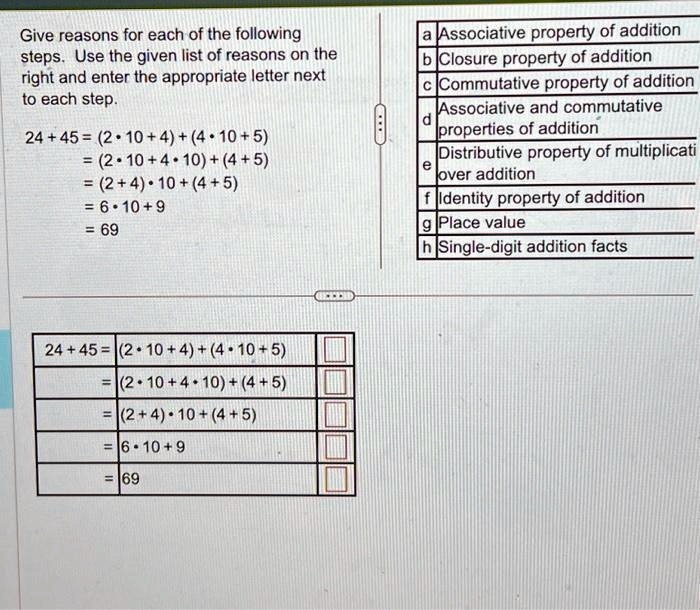 SOLVED: Give reasons for each of the following steps. Use the given list of reasons on the right ...