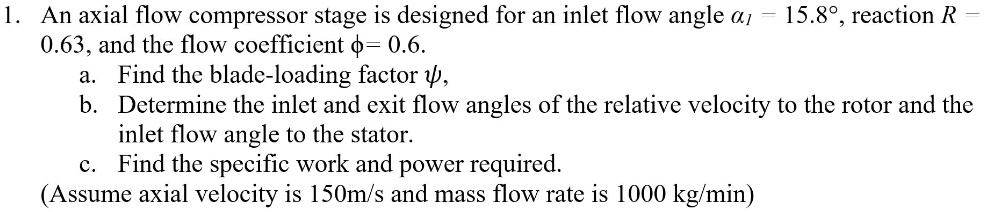 SOLVED: An axial flow compressor stage is designed for an inlet flow ...