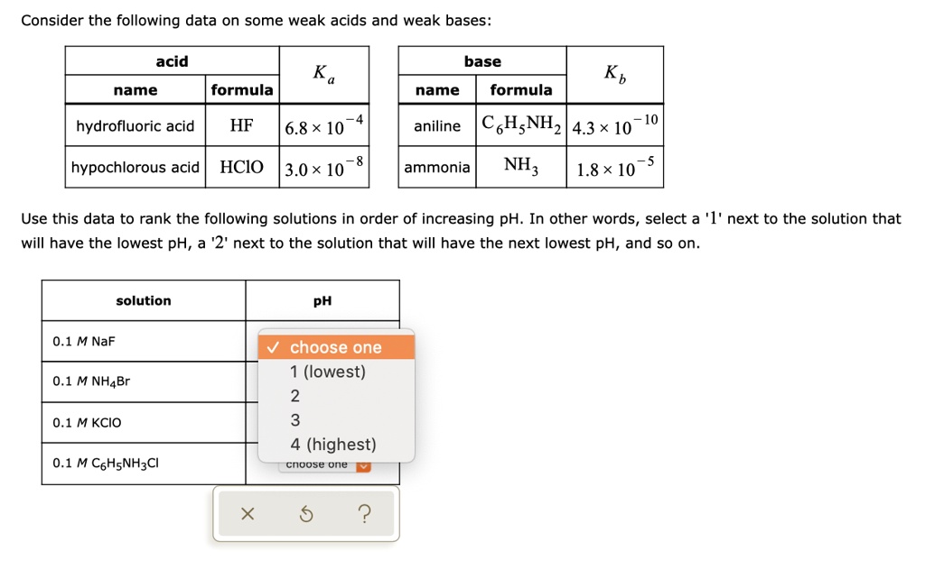 SOLVED: Consider the following data on some weak acids and weak bases: acid base K Kb name ...