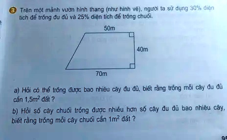 ? Trên m?t m?nh v??n hình thang (nh? hình v?), ng??i ta s? d?ng 30% di?n tích ?? tr?ng ?u ?? và ...