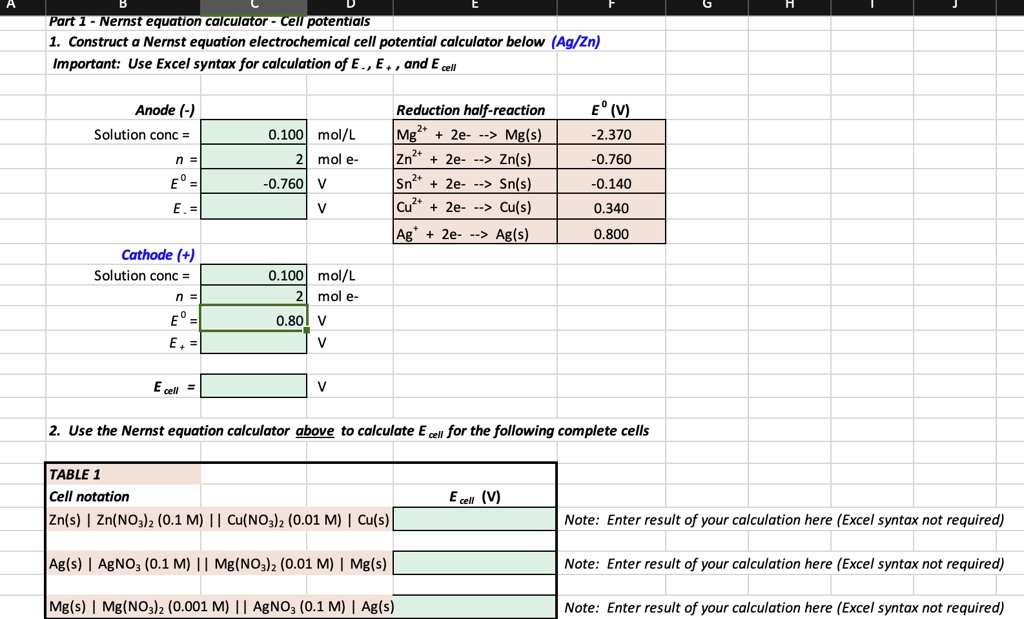 SOLVED: Part 1 - Nernst equation calculator: Cell Potentials Construct ...