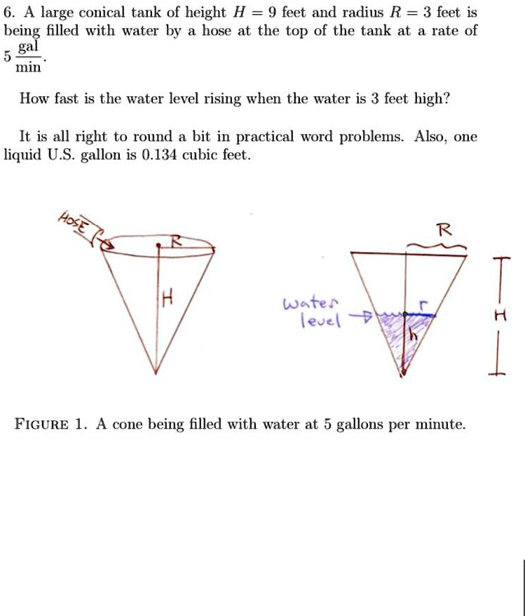 SOLVED:6. large conical tank of height H = 9 feet and radius R = 3 feet ...