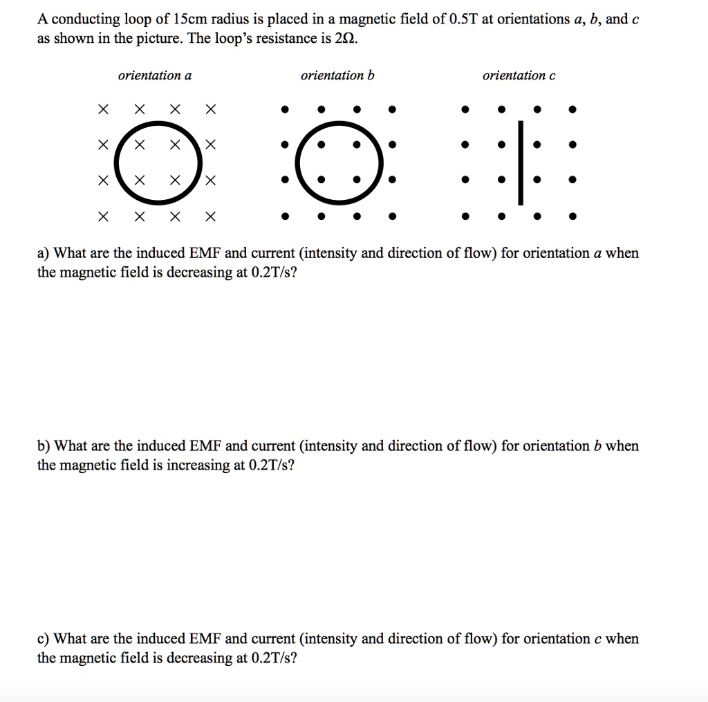 SOLVED: conducting loop of 1Scm radius is placed in a magnetic field of 0.ST at orientations a,b ...