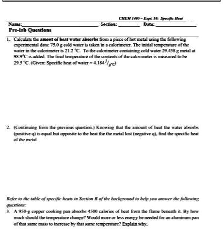 SOLVED: CHEM 1455-Experiment 16-Specific Heat Name: Section: Date: Pre ...