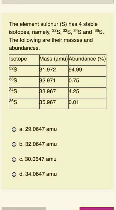 SOLVED: The element sulphur (S) has 4 stable isotopes, namely; 32S, 33S ...