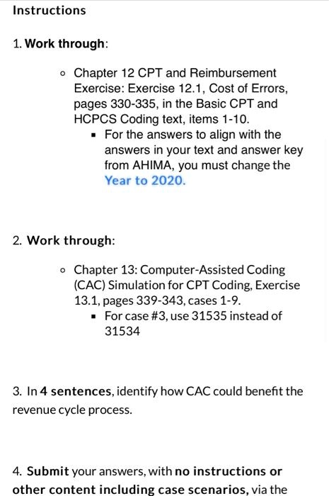 Instructions: 1. Work through Chapter 12 CPT and Reimbursement Exercise ...
