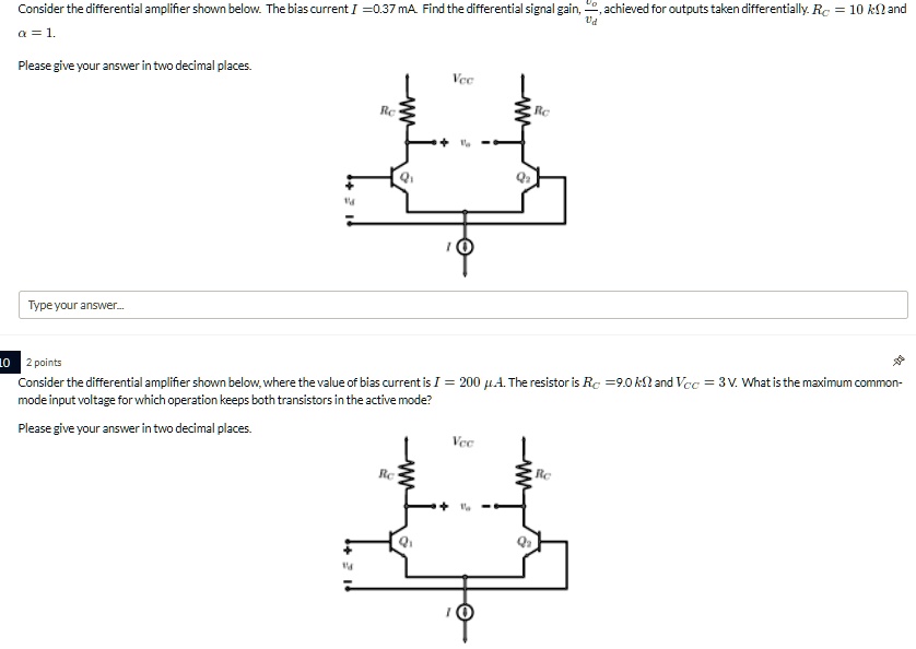 consider the differential amplifier shown below the bias current i 037 ma find the differential ...