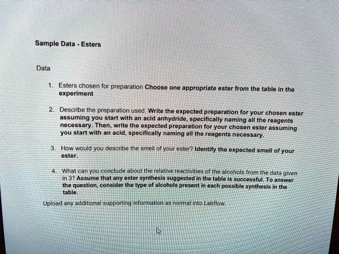 SOLVED: Sample Data Esters Data Esters chosen for preparation: Choose ...