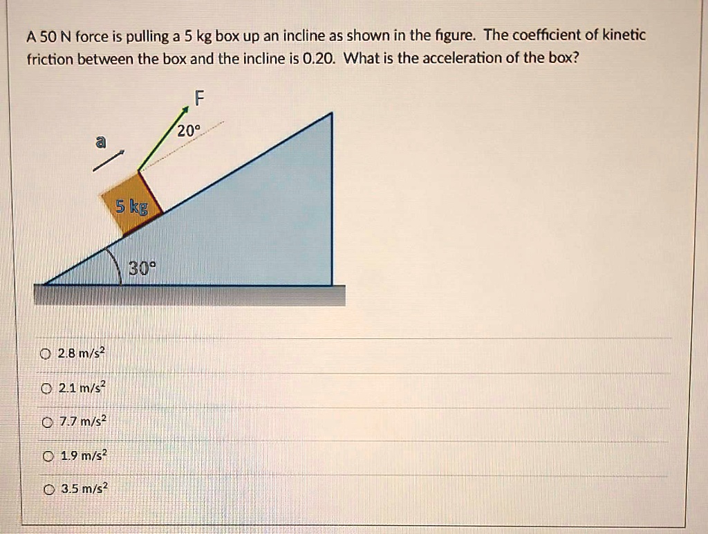 SOLVED: A 50 N force is pulling a 5 kg box up an incline as shown in ...