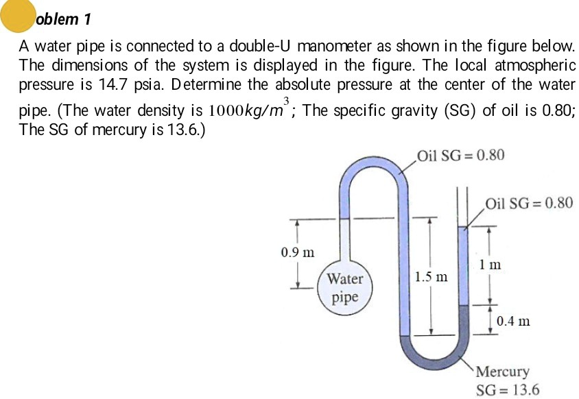 SOLVED: Problem 1 A water pipe is connected to a double-U manometer as shown in the figure below ...