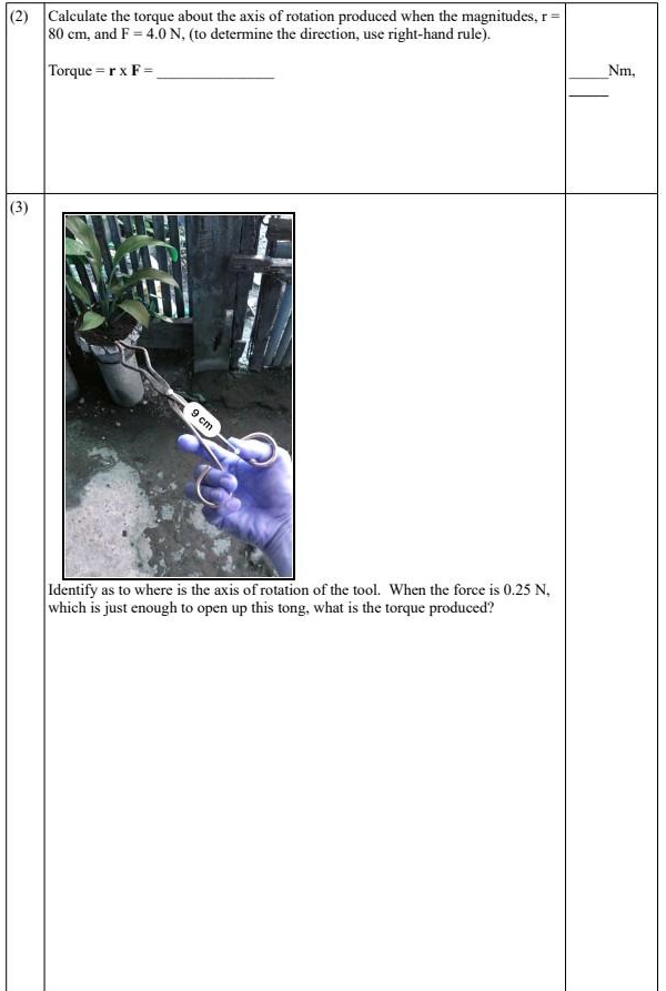 calculate the torque about the axis of rotation produced when the ...