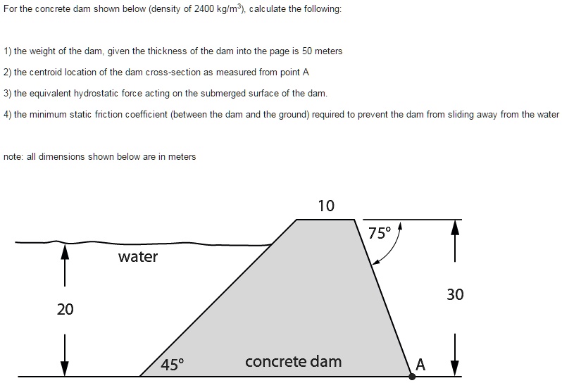 SOLVED: For the concrete dam shown below (density of 2400 kg/m^3 ...