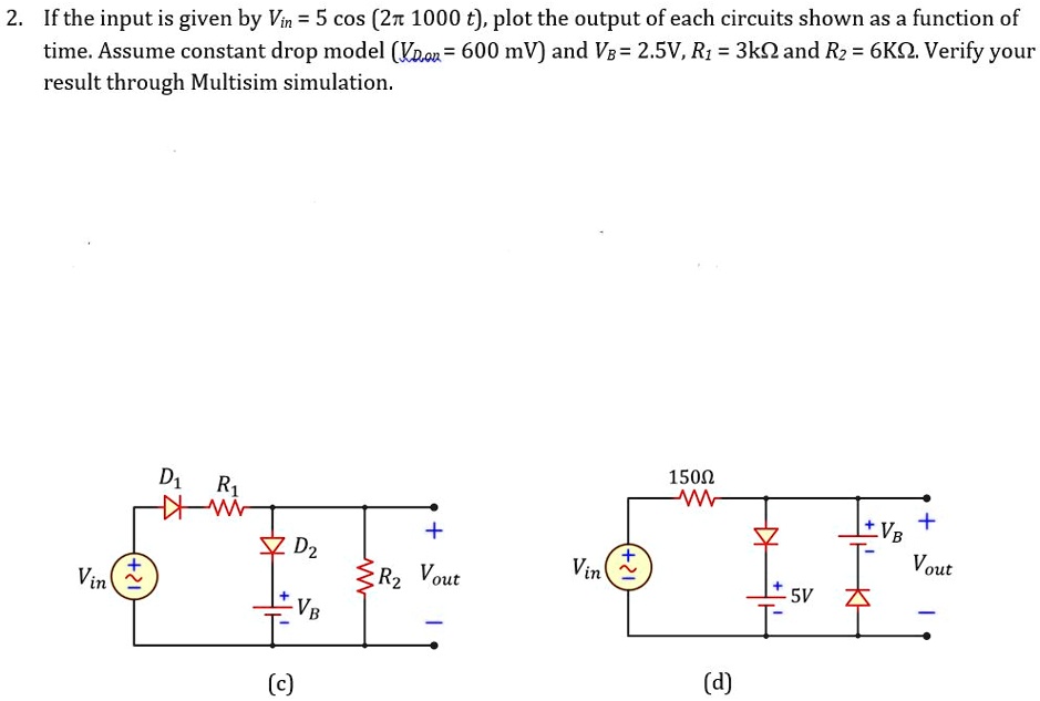 SOLVED: If the input is given by Vin = 5 cos (2 * 1000 * t), plot the output of each circuit ...