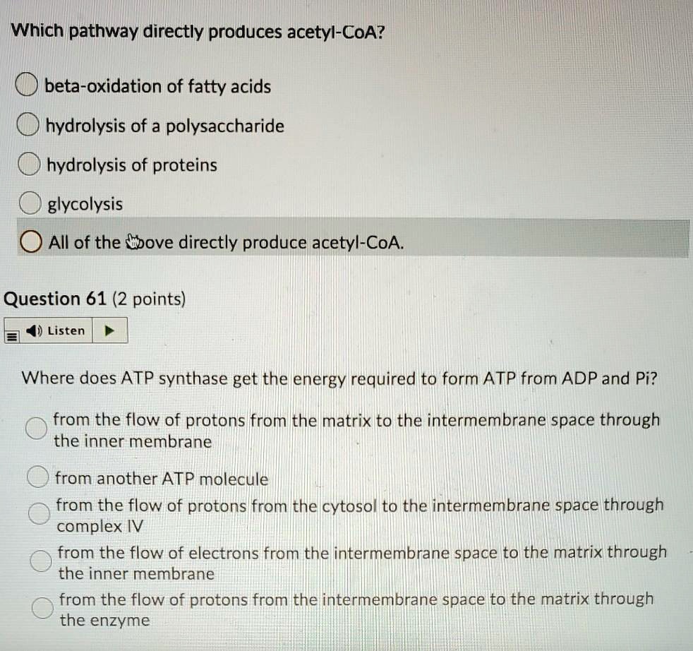 SOLVED: Which pathway directly produces acetyl-CoA? - Beta-oxidation of ...